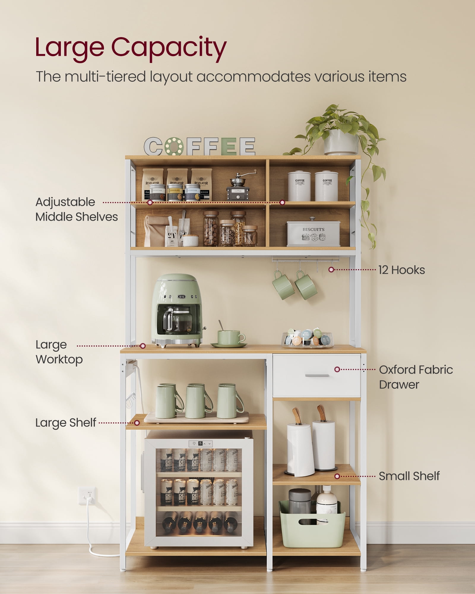 Bakers Rack with Charging Station, Coffee Bar Stand with Adjustable ...