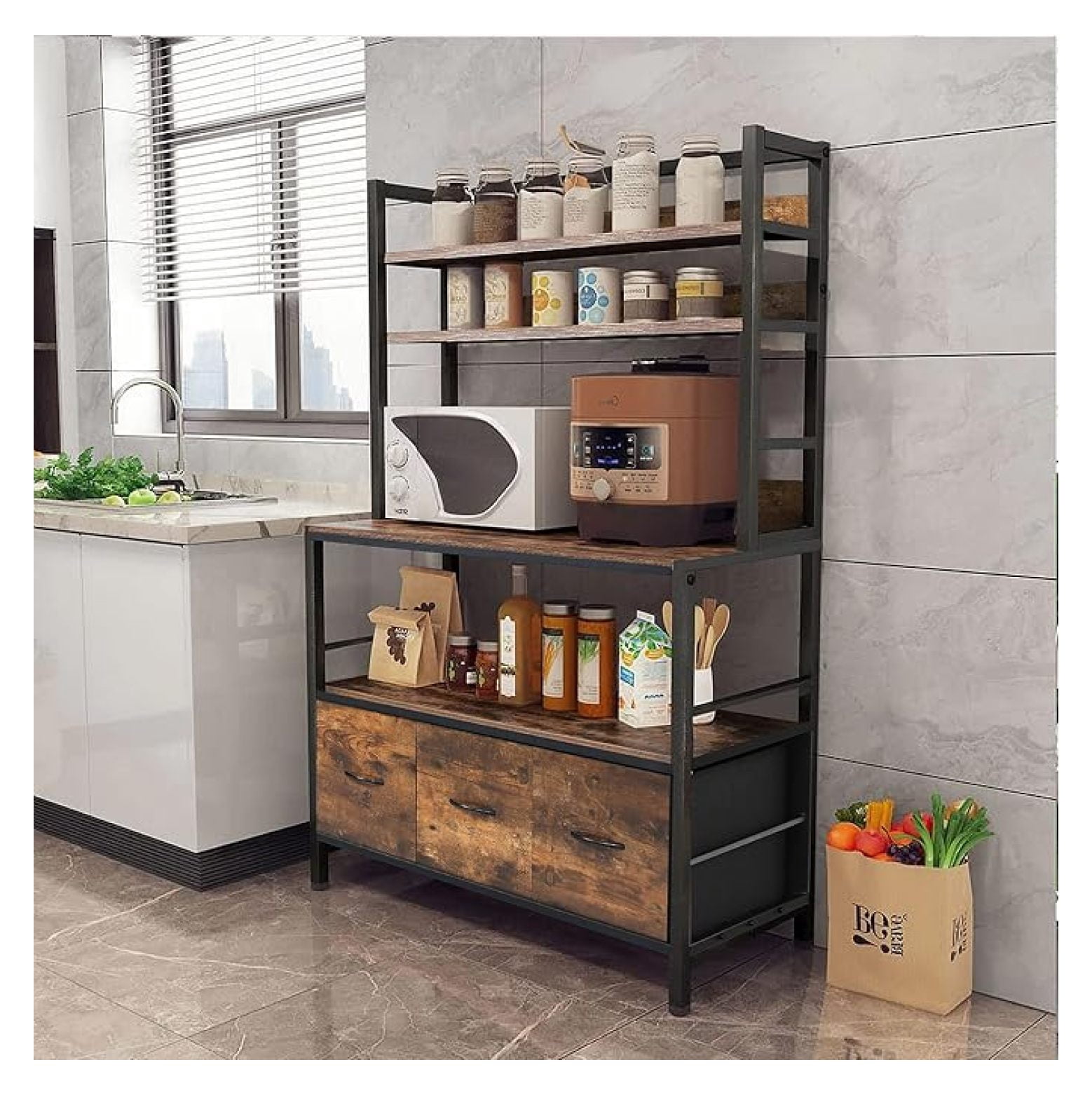 Bakers Rack with Draw Basket, 5-Tier Free Standing Kitchen Storage ...