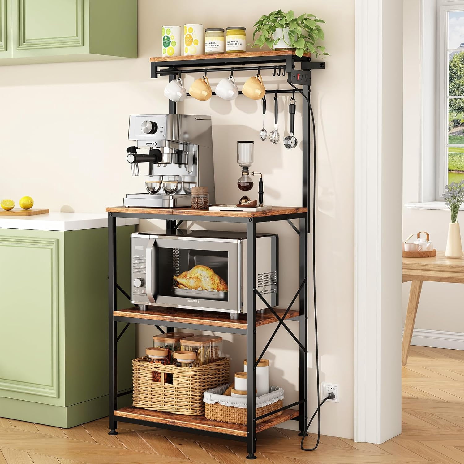 Bakers Rack with Power Outlet 10 Hooks, 4 Tiers Coffee Bar Station ...