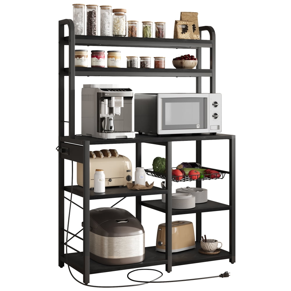 Bakers Rack with Power Outlet, 6 Tier Kitchen Storage Rack with Hutch ...