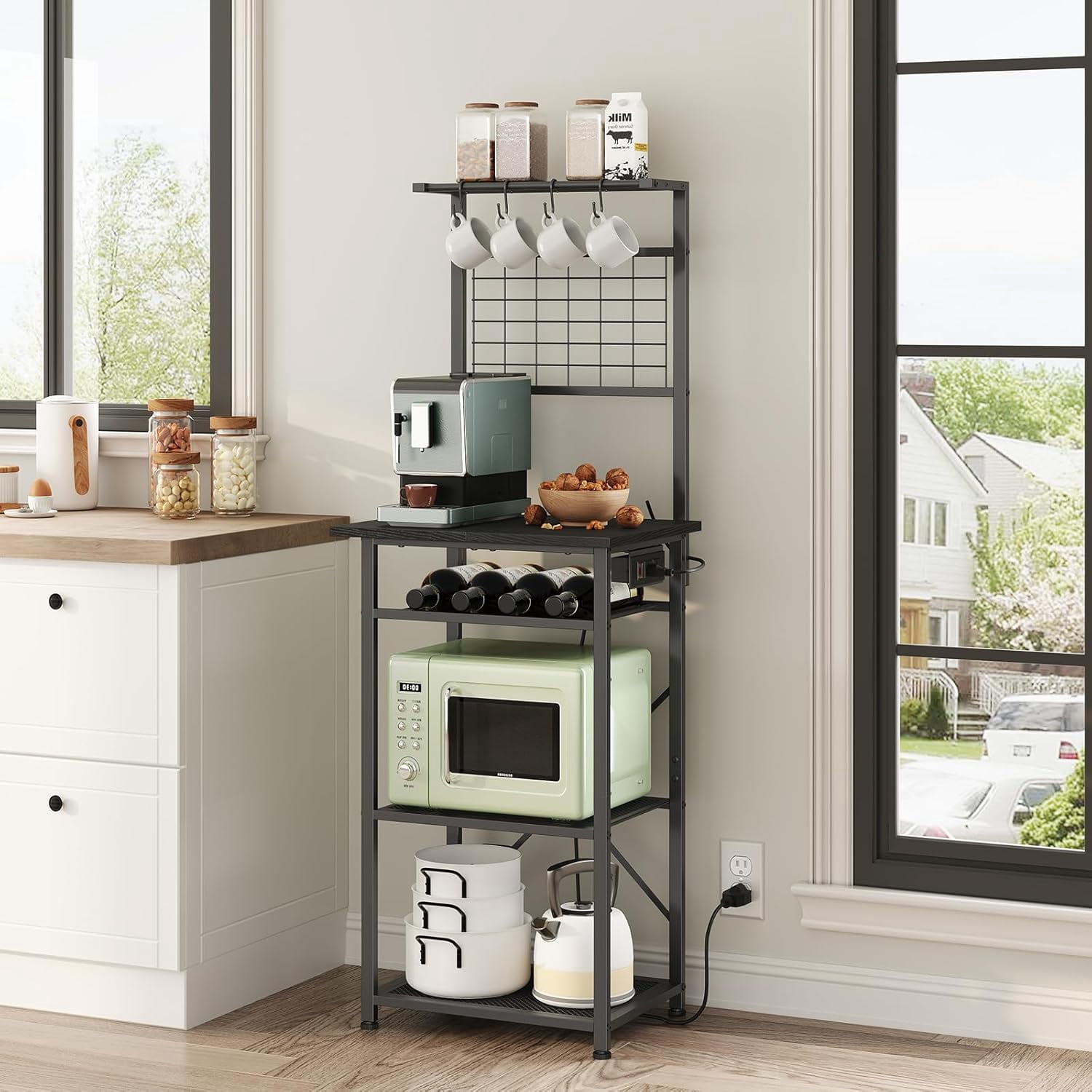Bakers Rack with Power Outlet, Coffee Bar Station with Wine Rack ...