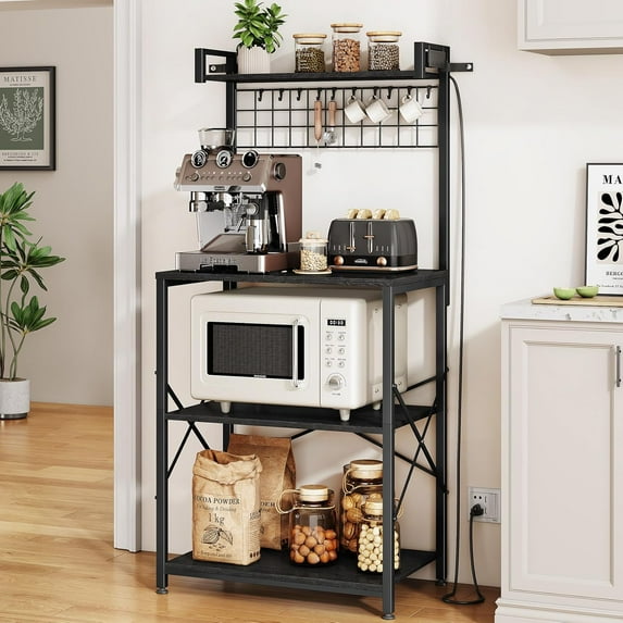 Bakers Rack with Power Outlet, Kitchen Shelves Microwave Stand with ...