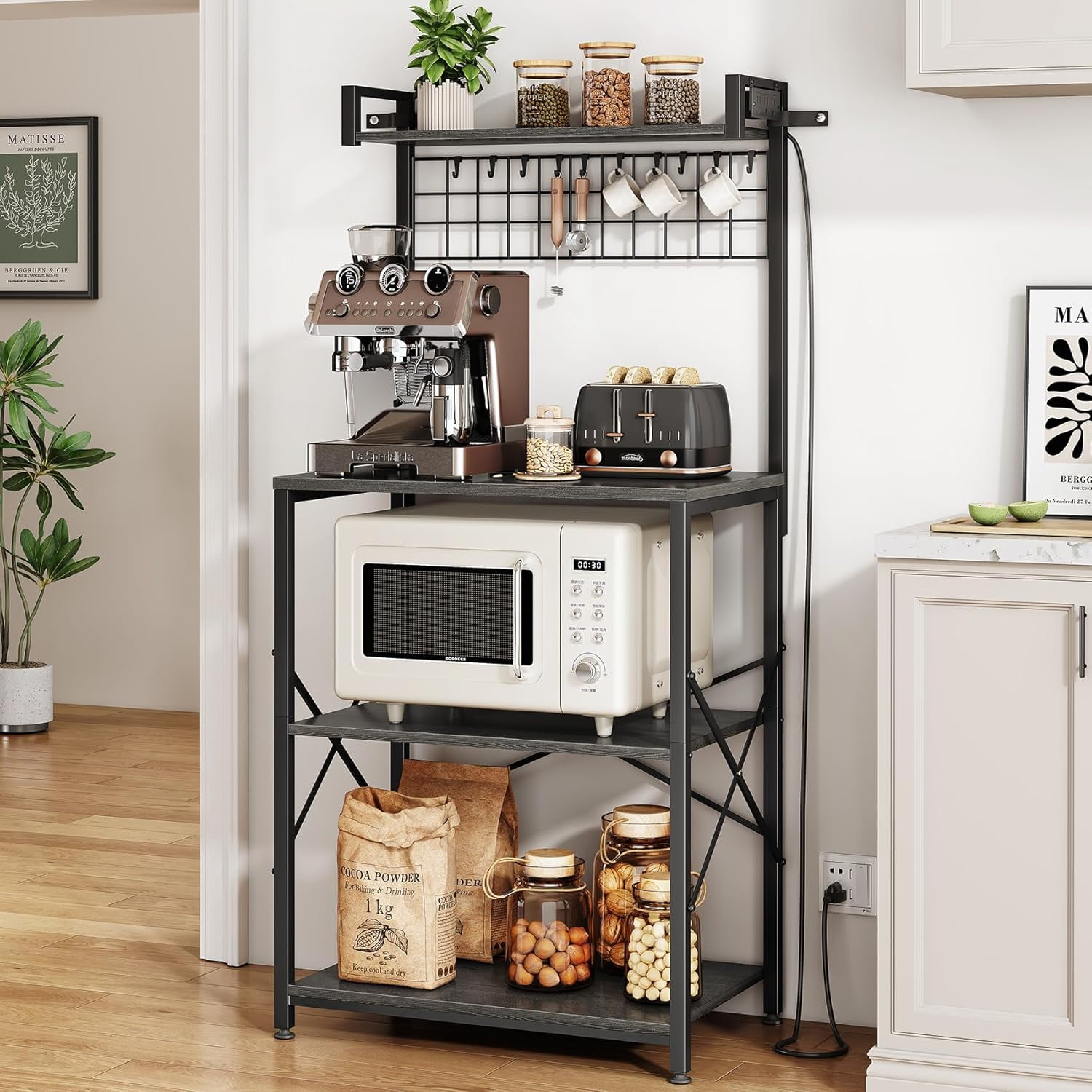 Bakers Rack with Power Outlet, Kitchen Shelves Microwave Stand with ...