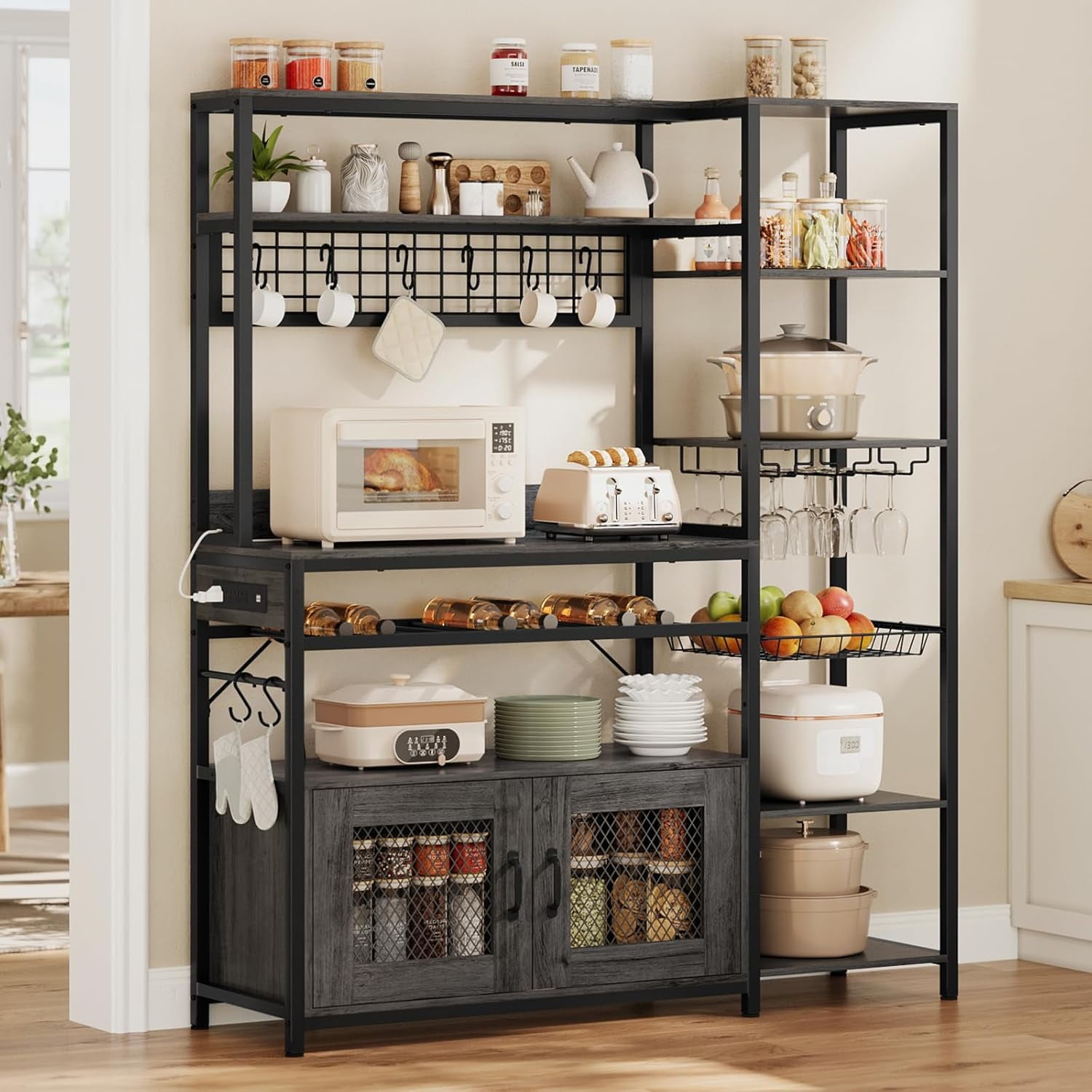Bakers Rack with Power Outlet, Kitchen Stand with Storage Shelf and ...