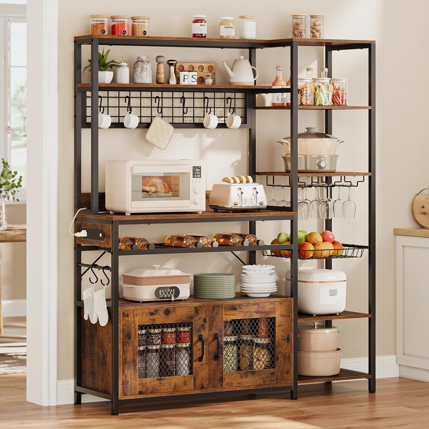 Bakers Rack with Power Outlet, Kitchen Stand with Storage Shelf and ...