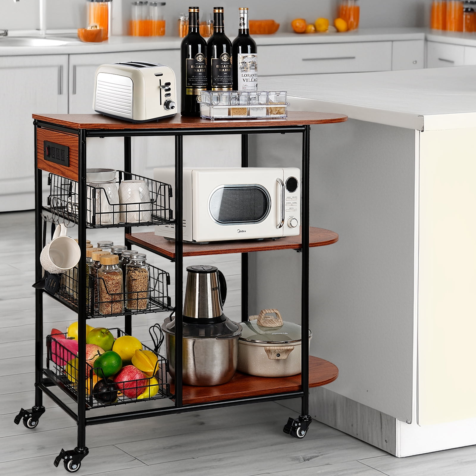 Bakers Rack with Power Outlet,Rolling Kitchen Island on Wheels,Coffee ...