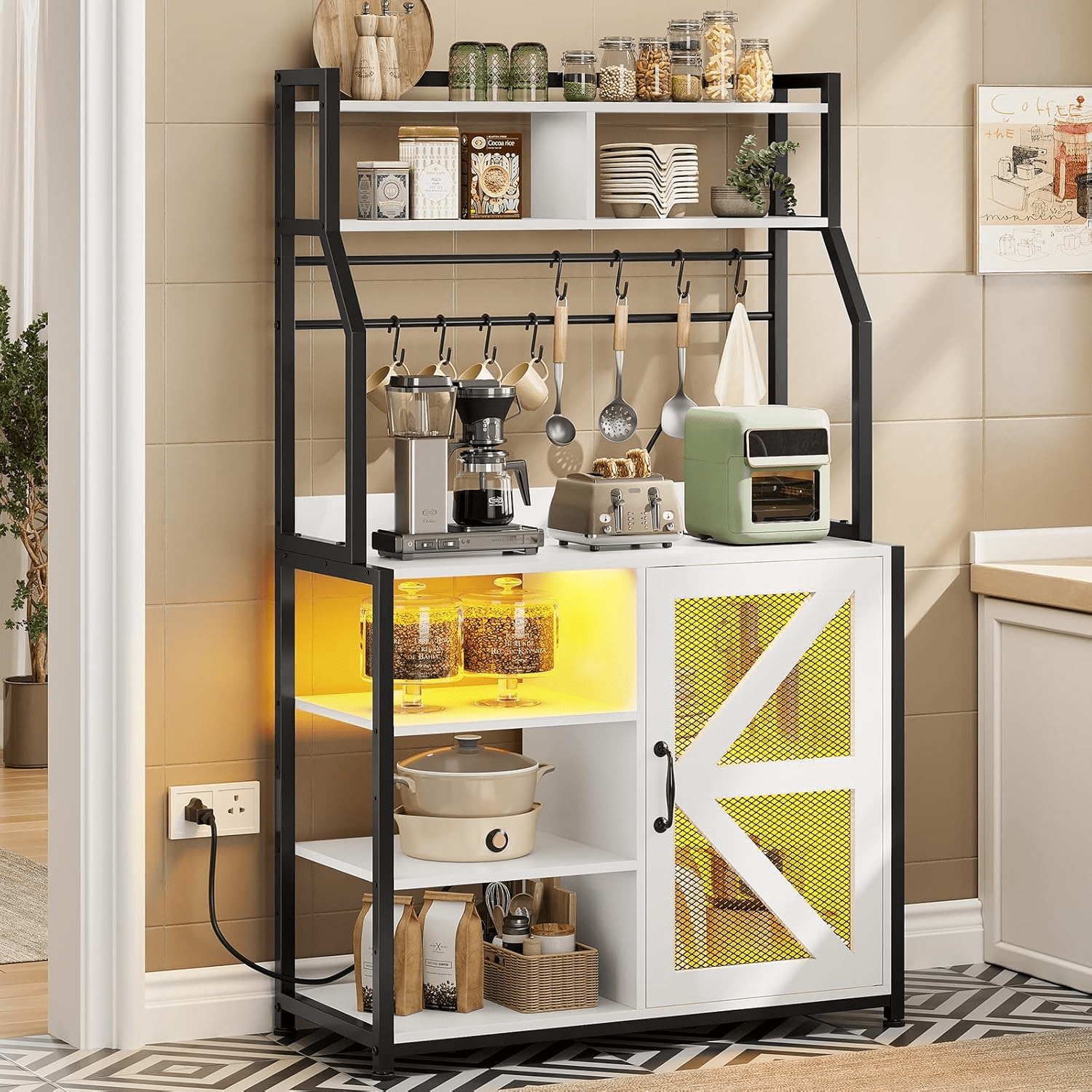 Bakers Rack with Power Outlet and LED Light 31.5 Inch Farmhouse Coffee ...