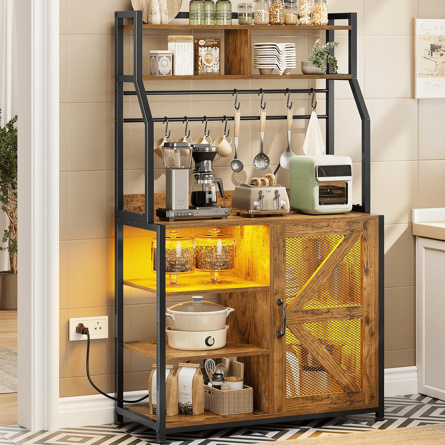 Bakers Rack with Power Outlet and LED Light 31.5 Inch Farmhouse Coffee ...