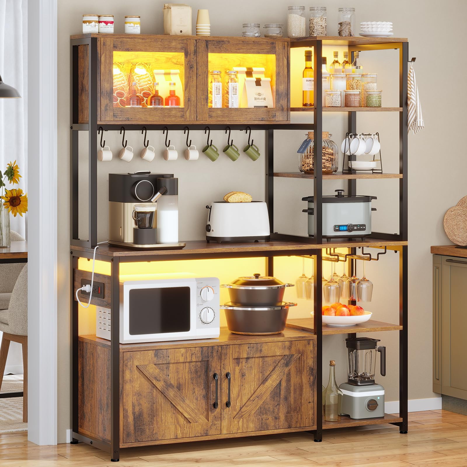 Bakers Rack with Power Outlet and LED Light, Multifunctional Kitchen ...