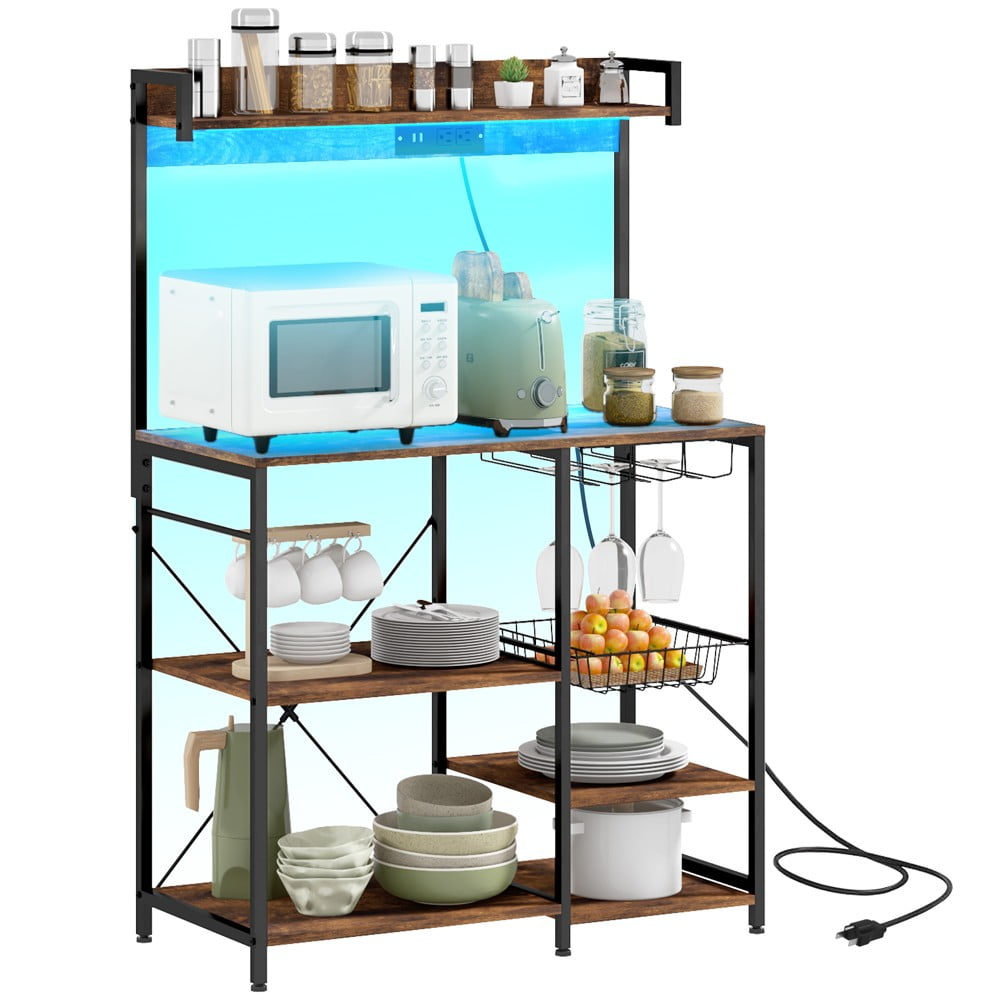 Bakers Rack with Power Outlet and LED Lights Microwave Stand Coffee Bar ...