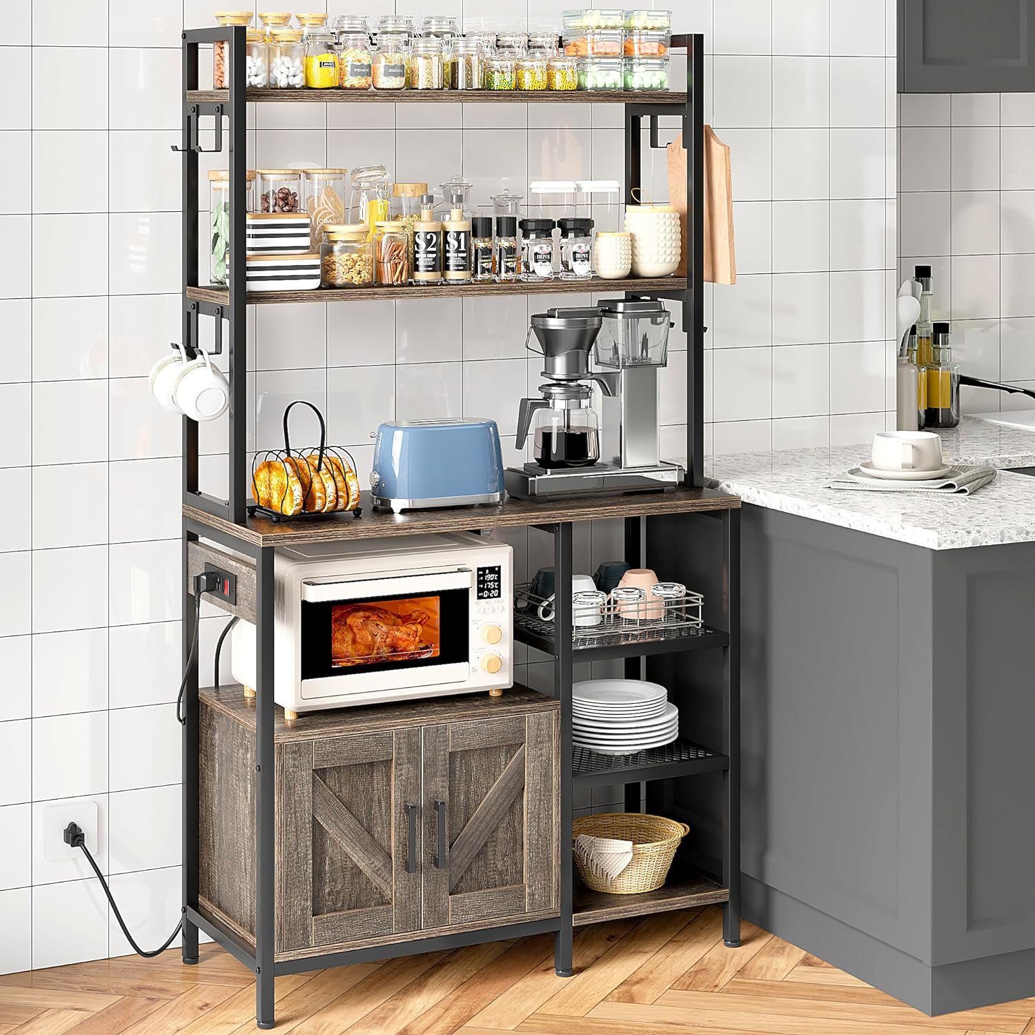 Bakers Racks for Kitchens with Power Outlet, 6-Tier Microwave Stand ...