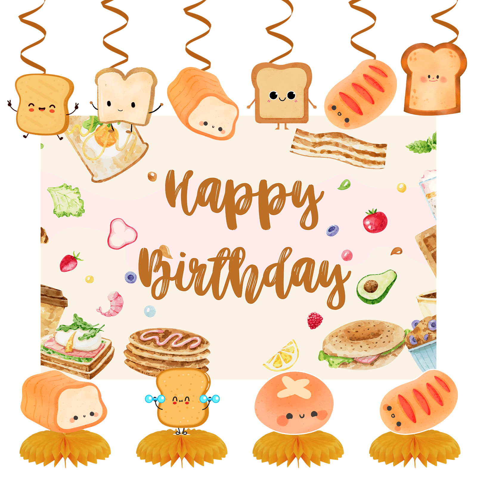 Bakery Birthday Decor Set - 100x150cm Backdrop, 4 Honeycombs & 6 ...