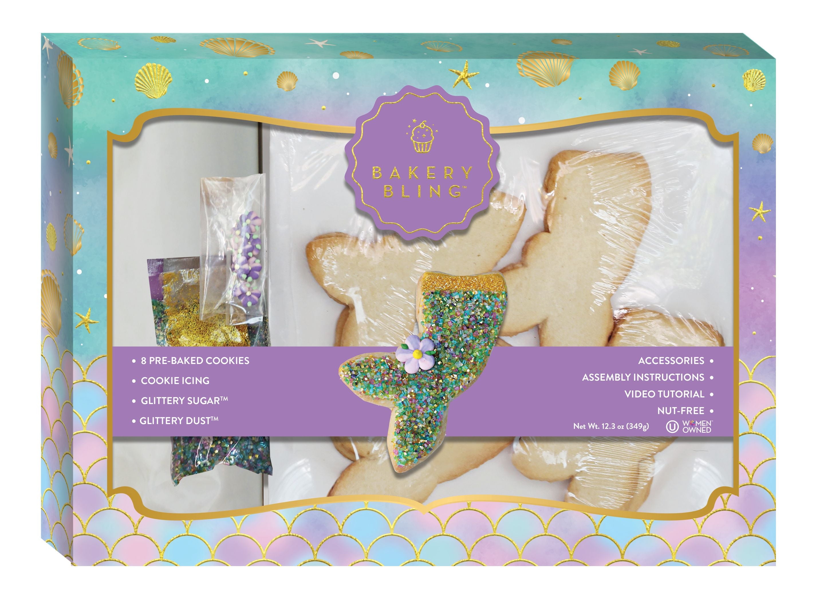 Bakery Bling Mermaid Designer Cookie Kit, 8 Pre-made Sugar Cookies, Nut ...
