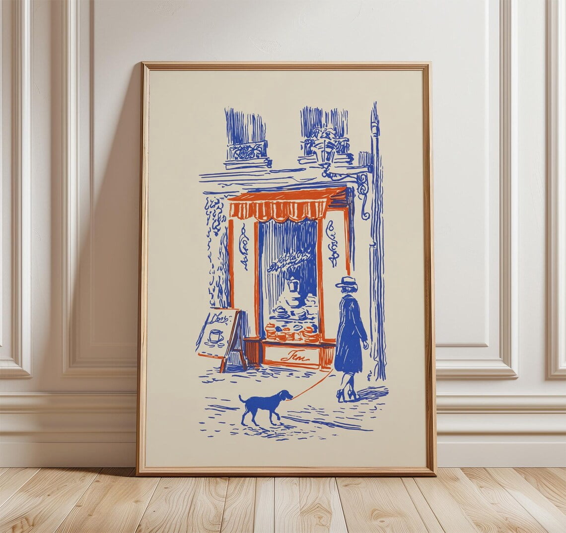 Bakery Street Scene Poster Blue Orange Line Art City Wall Decor ...