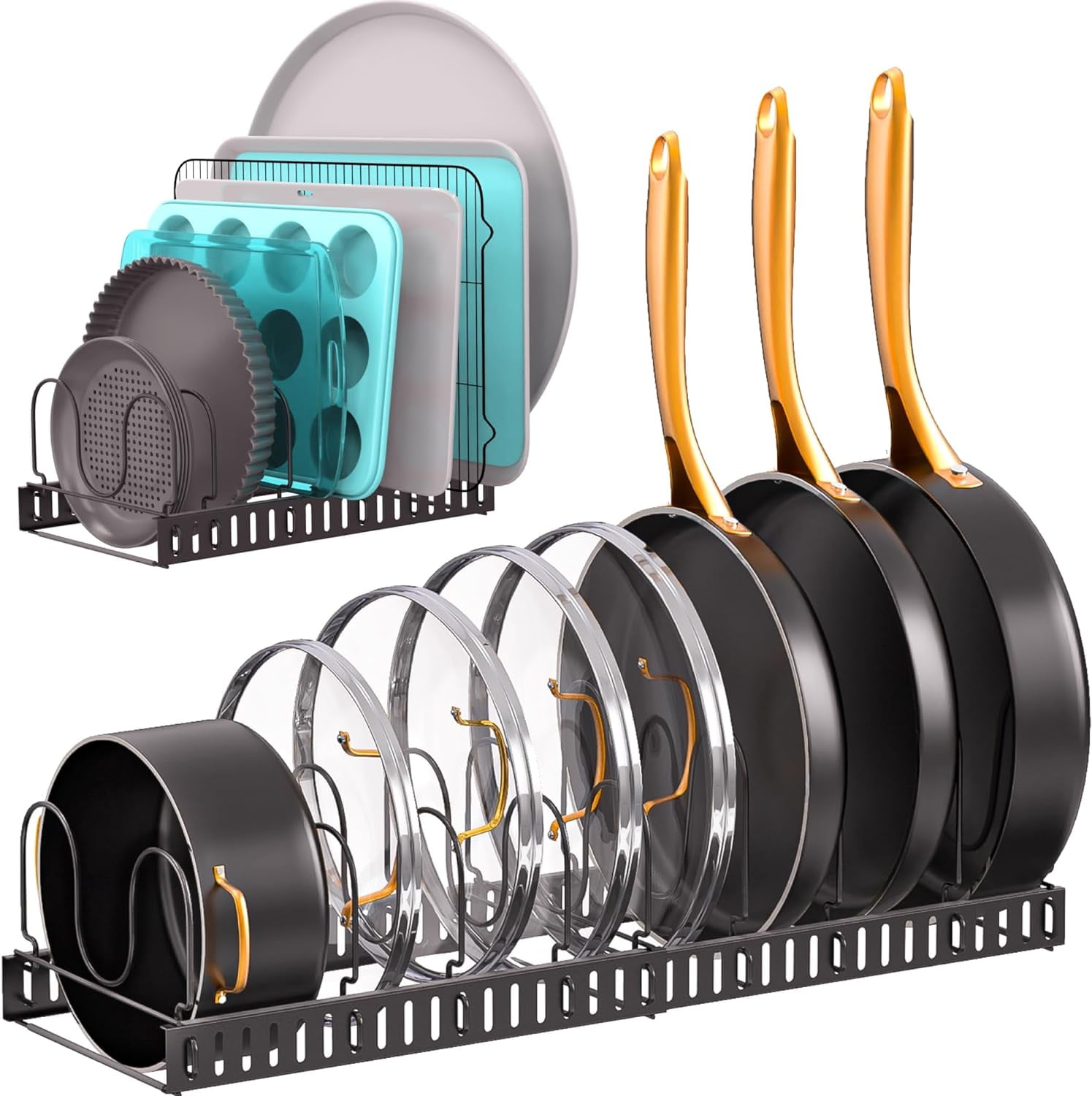 Bakeware Pots and Pans Organizer Under Cabinet, 10 Adjustable ...