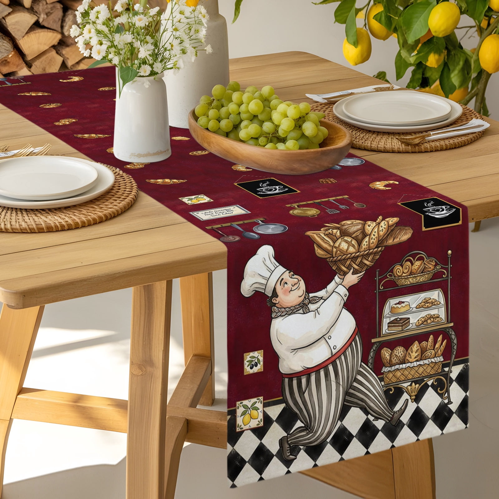 Baking Chef Kitchen Art Table Runner 13x48in Non-Slip Cotton Linen ...