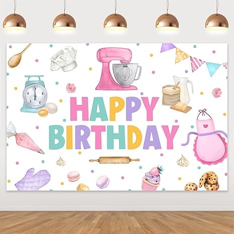 Baking Happy Birthday Party Backdrop for Girls Macaroon Baking Party ...