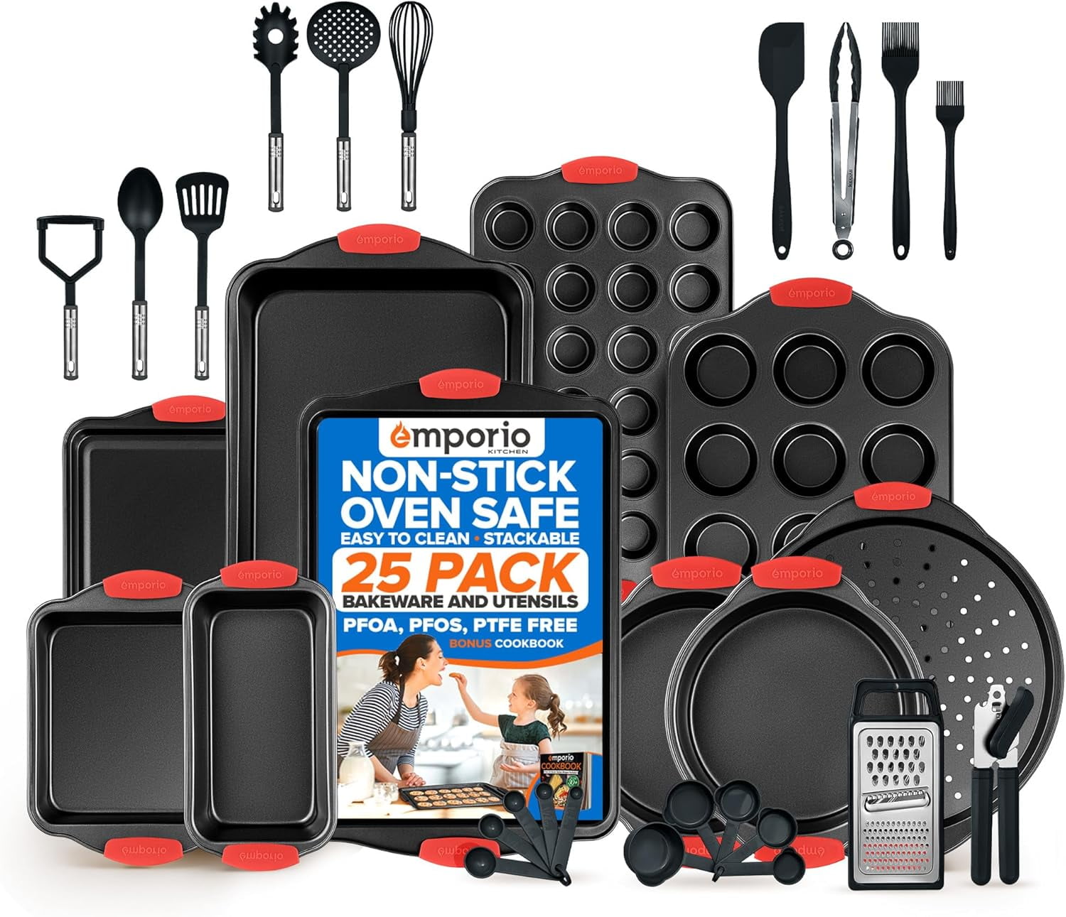 Baking Pan Set - Nonstick Coating, Carbon Steel Bakeware Set with Red ...