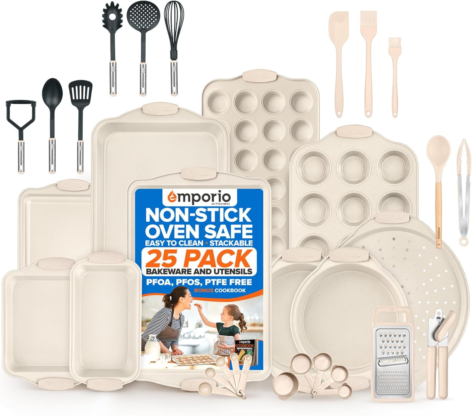 Baking Pan Set - Nonstick Coating, Carbon Steel Bakeware Set with White ...