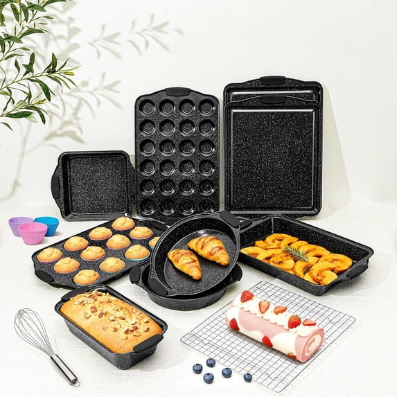 Baking Pans Set Nonstick, Stackable Bakeware Sets with Silicone Handles ...