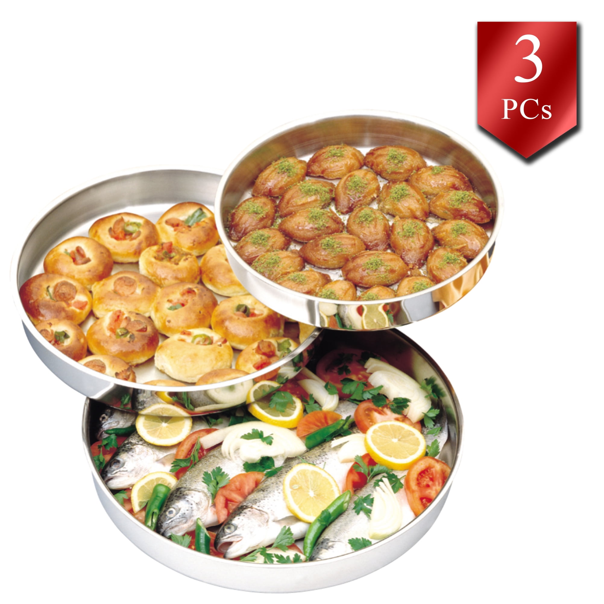 Baking Round Tray for Cake and Pie, 3 PCs Nonstick Set Oven Pan Set ...