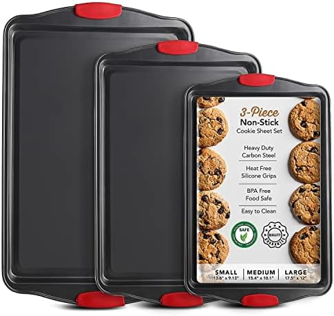 Baking Sheet Set, 3-Piece Cookie Sheet Set with Silicone Handles, Steel ...