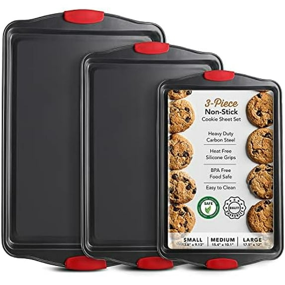 Baking Sheet Set, 3-Piece Cookie Sheet Set with Silicone Handles, Steel ...