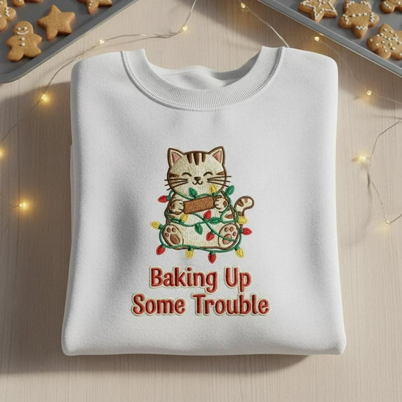 Baking Up Some Trouble embroidered hoodie, Funny Cat Christmas Crewneck, Cute Holiday Kitten ...