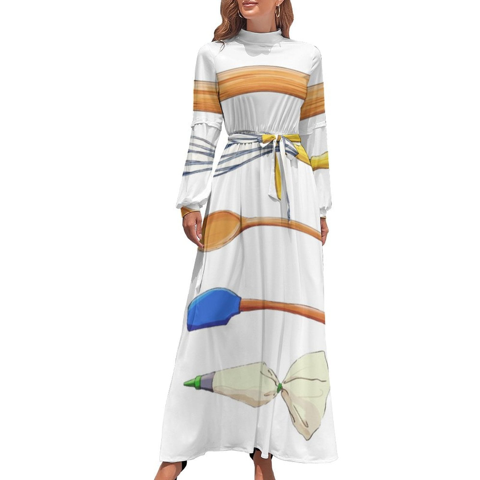 Baking Utensils On Square Magnet Women's Long Dress Long Sleeves Dress ...