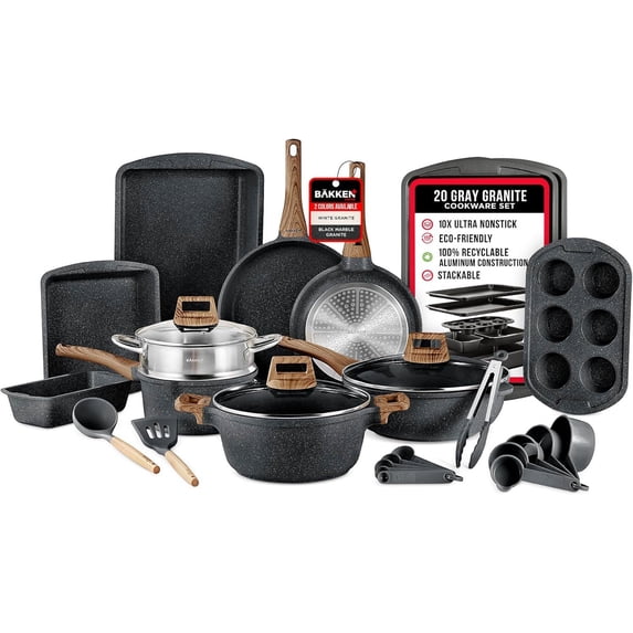 Bakken 20-Piece Kitchen Cookware Set – Granite Non-Stick – Eco-Friendly ...