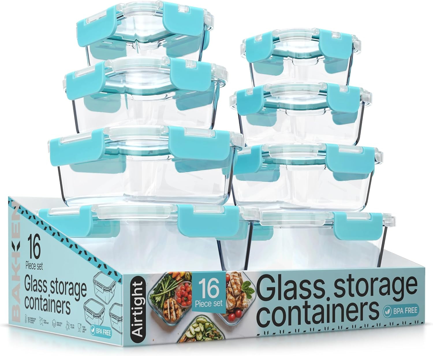 Bakken Borosilicate Glass Food Storage Containers with Lids 16 Pieces ...