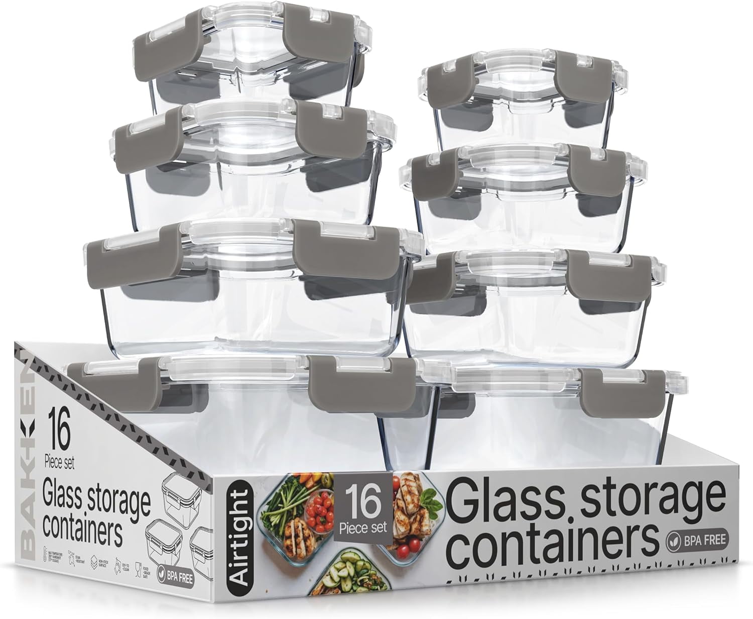 Bakken Borosilicate Glass Food Storage Containers with Lids 16 Pieces ...