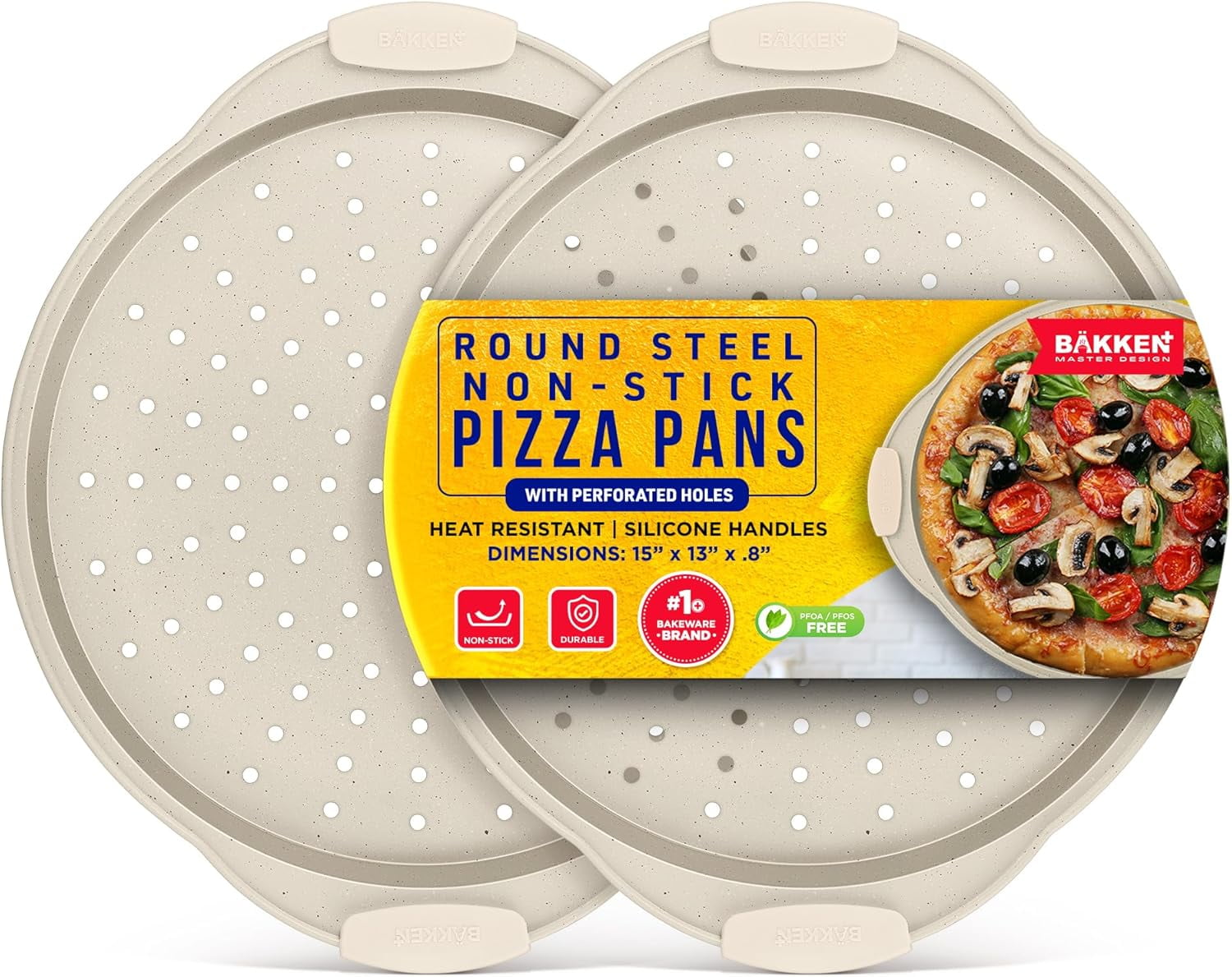 BAKKENMASTER Round Pizza Pan Non-Stick Marble Coating Silicone Handle ...