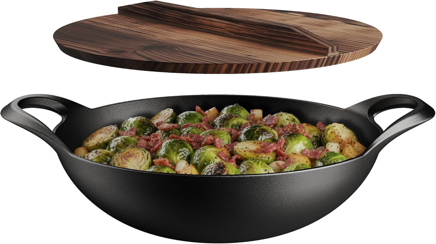 Bakken Pre-Seasoned Cast Iron Wok with Wooden Lid, 14" Stir Fry Pan for ...