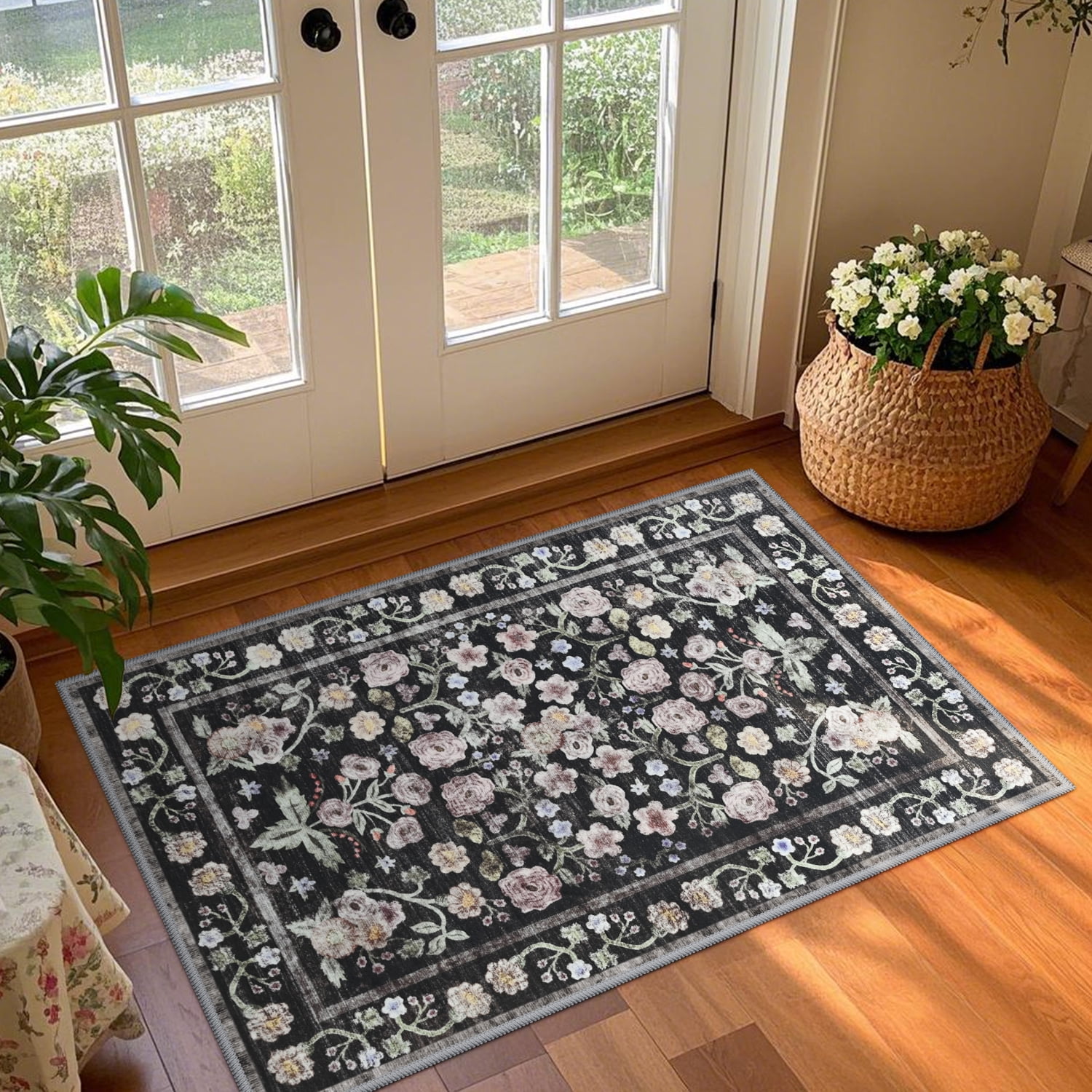 Balacho Farmhouse Floral Bohemian Faux Wool Area Rug, 2' x 3', Black ...