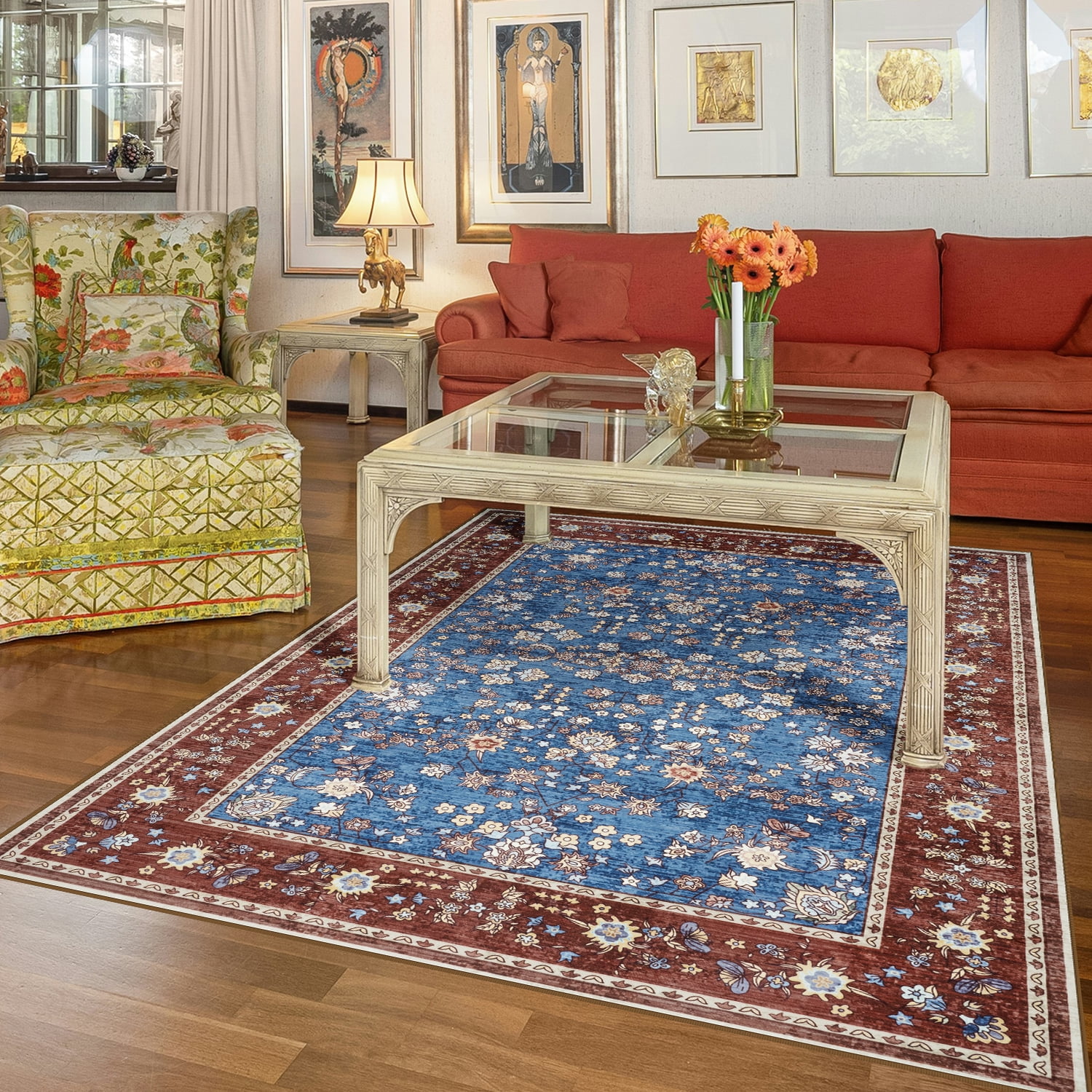 Balacho Farmhouse Floral Bohemian Faux Wool Area Rug,5' x 8', Blue ...