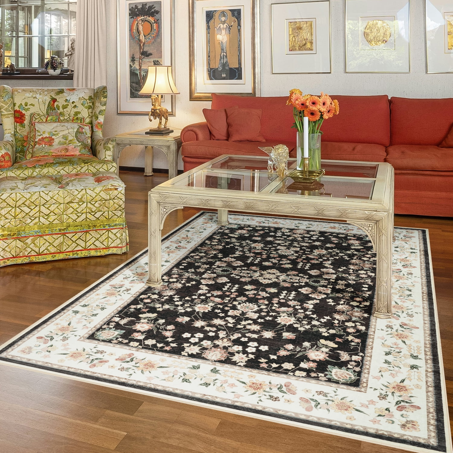 Balacho Farmhouse Floral Bohemian Faux Wool Area Rug,6' x 9', Black ...