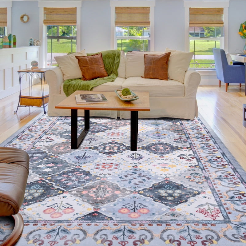 Balacho Floral Mosaic Boho Patchwork Quilted Faux Wool Area Rug, 5' x 8 ...