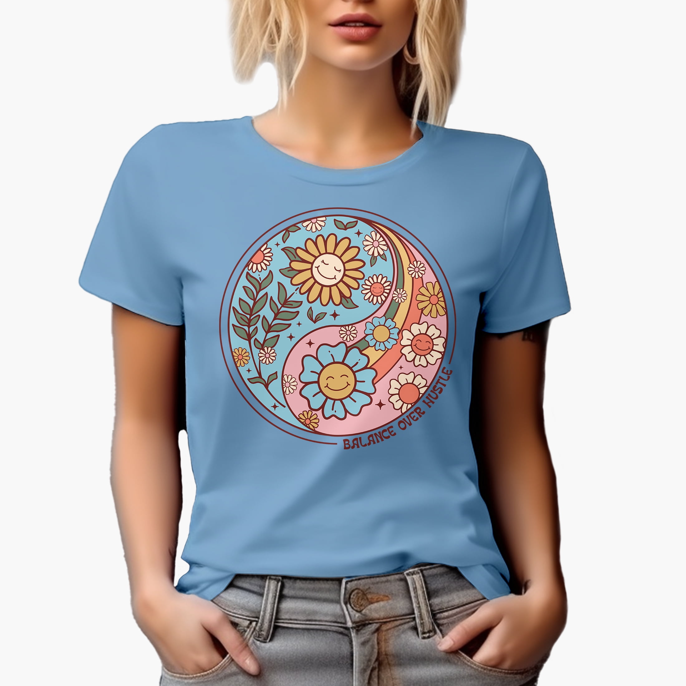 Balance Over Hustle, Retro Flowers Art Merch Gift, Baby Blue T-Shirt ...