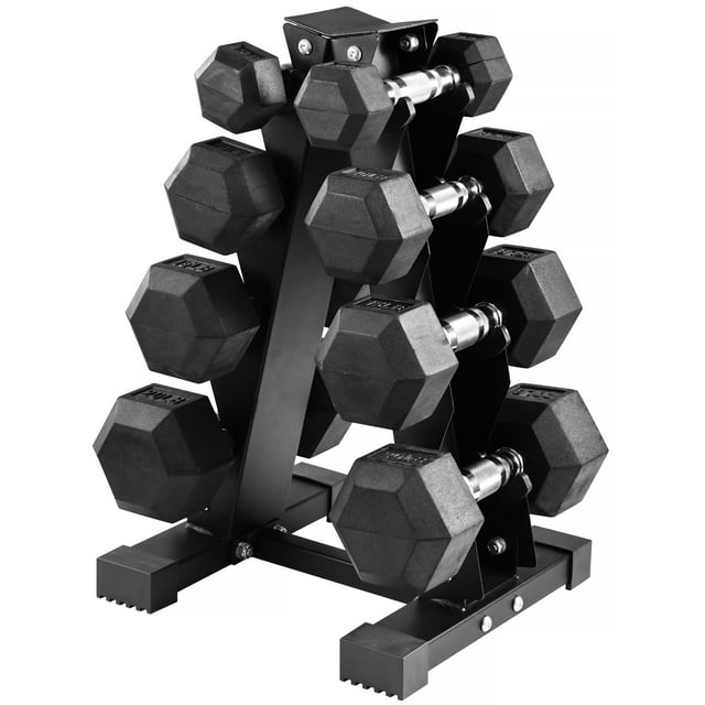 BalanceFrom 100LB Rubber Coated Hex Dumbbell Weight Set with A-Frame ...