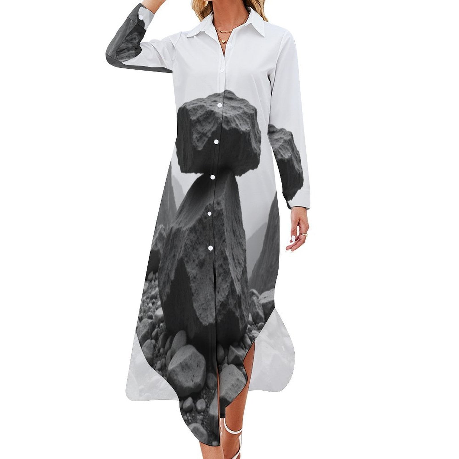 Balanced Rocks Among Mountains Shirt Dress Long Sleeve Street Fashion V ...