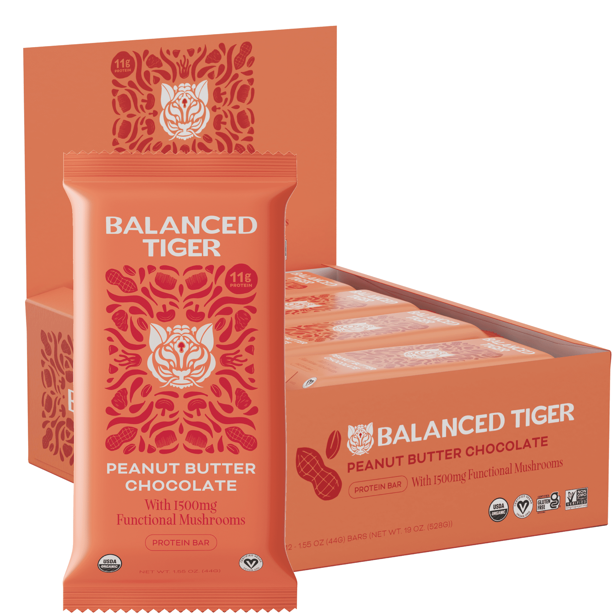 Balanced Tiger Protein Bar, Peanut Butter Chocolate, 12 Bars, 1.55 oz ...
