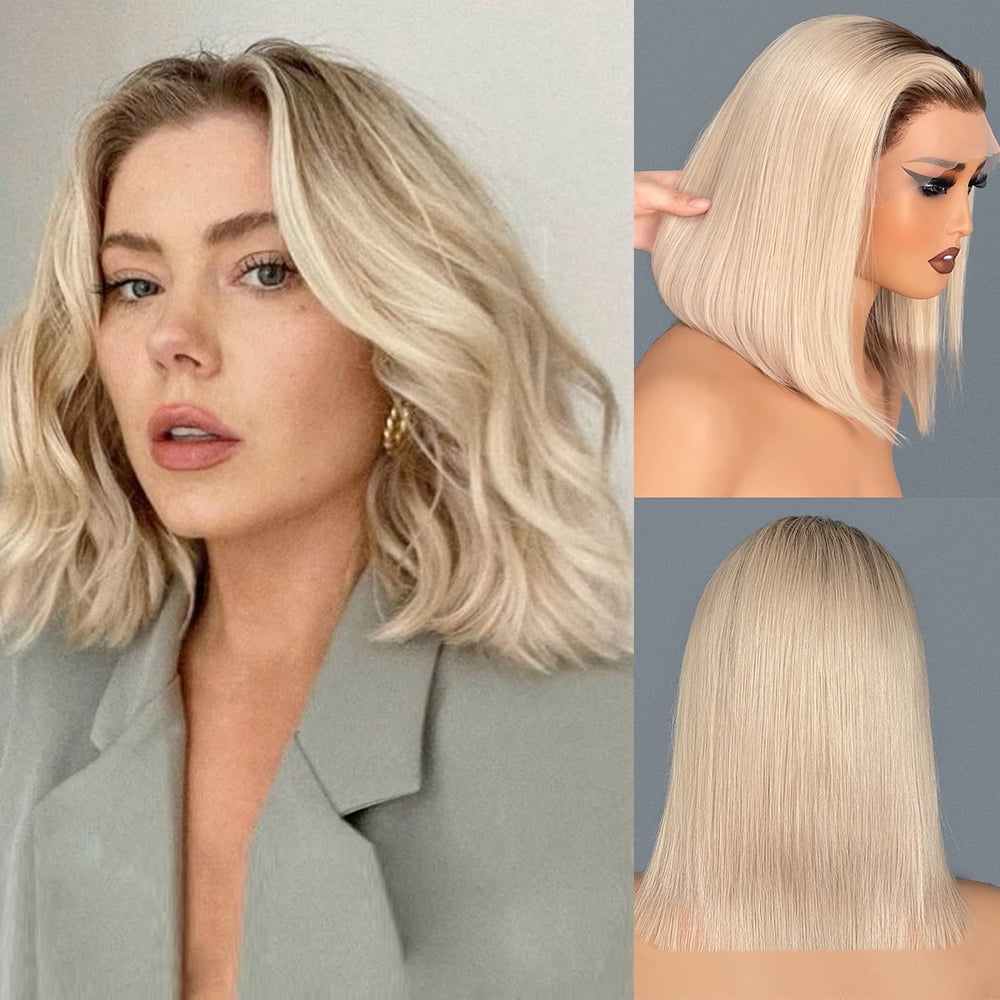 Balayage Ash Blonde Bob Wigs Human Hair Pre Plucked Ombre Highlight Straight Short Blonde Bob ...