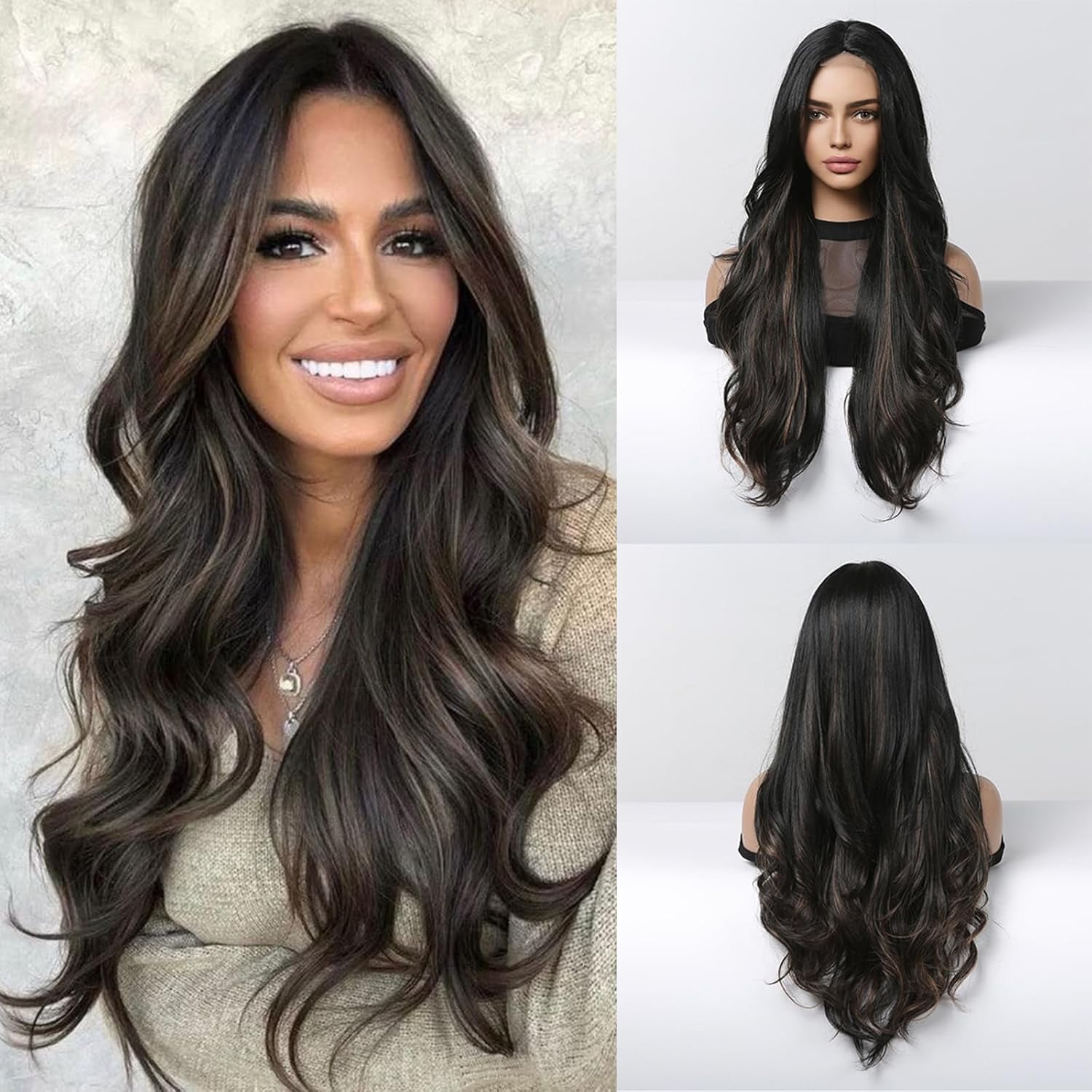 Balck Brown Highlights Wigs Long Wavy Balayage Wig for Women Forehead ...