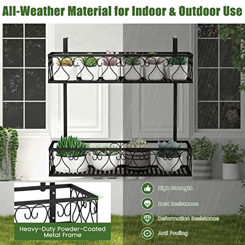 Balcony Flower Pot Stand Rack w/ Adjustable Hooks & 2 Planter Baskets ...