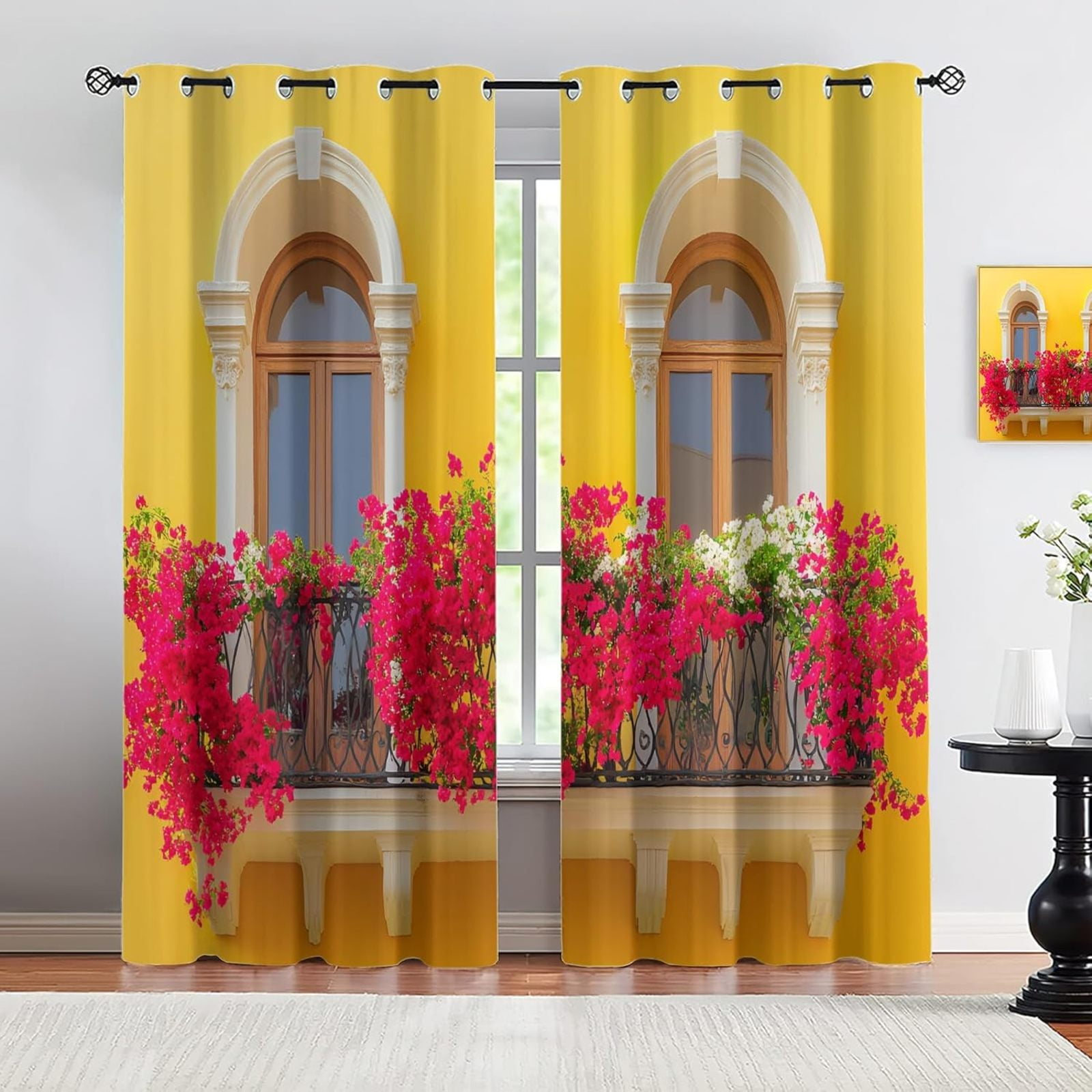 Balcony Flowers Curtains, Italian Yellow House Living Room Curtains ...