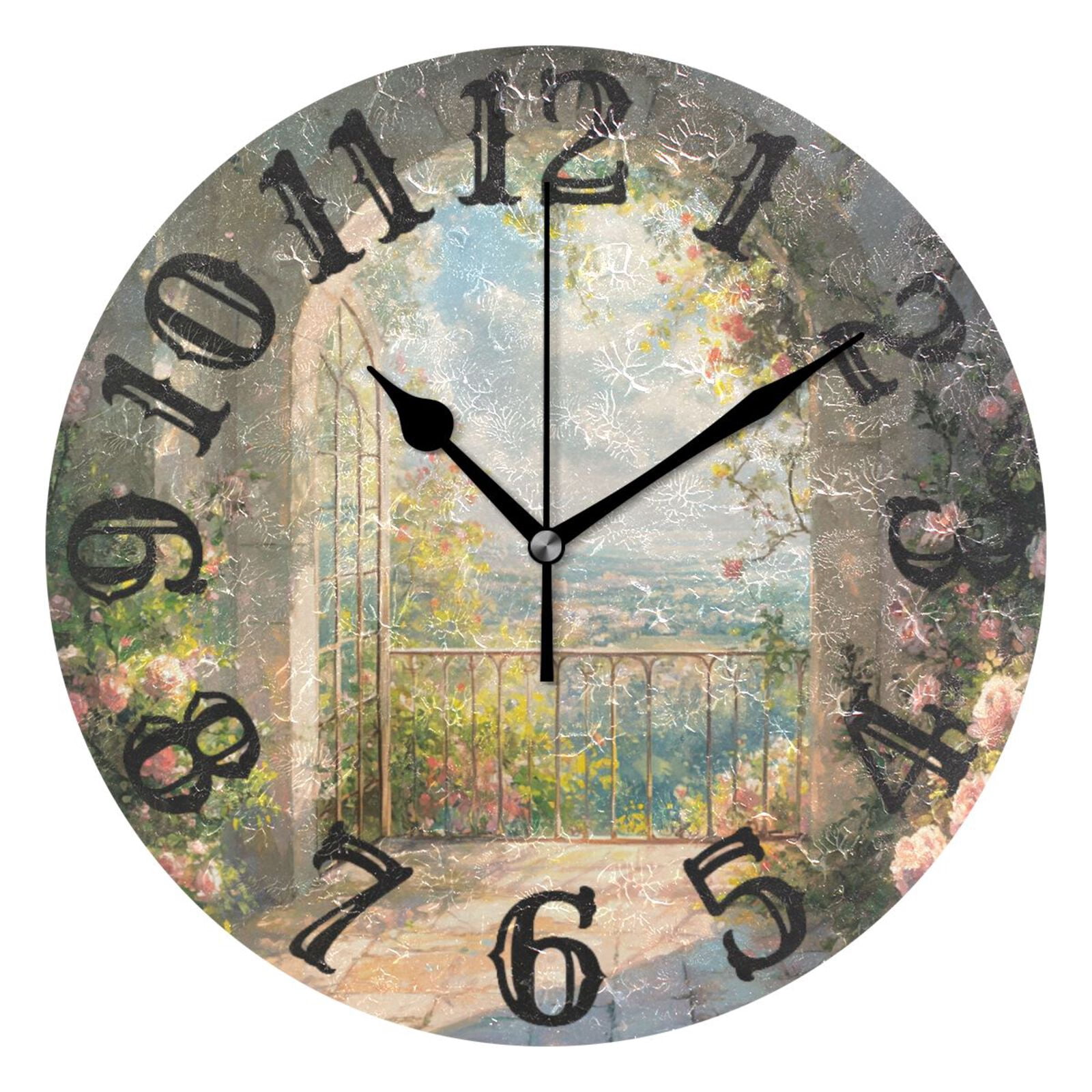 Balcony Flowers Sunshine Wall Clock 10 inch Non-Ticking Easy to Read ...