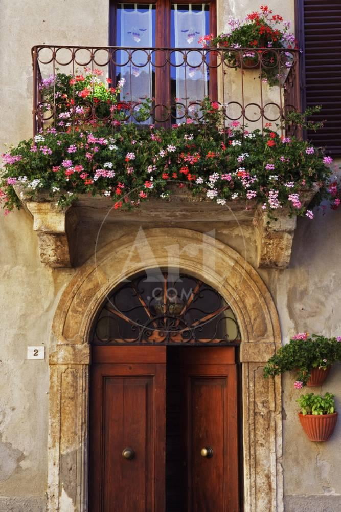 Balcony Flowers and Doorway in Pienza Tuscany Italy, Unframed Photo ...