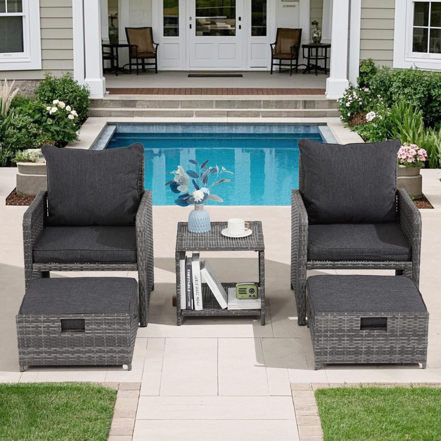 Balcony Furniture Small Patio Furniture Set with Ottomans, 5 Pieces Rattan Wicker Patio Bistro ...