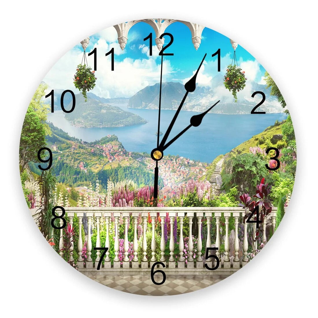 Balcony Garden Mountain Sea Flower Wall Clock Home Decor Bedroom Silent ...
